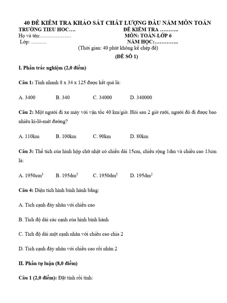 42 de Kiem Tra Khao Sat Chat Luong Dau Nam Mon Toan 6 | PDF