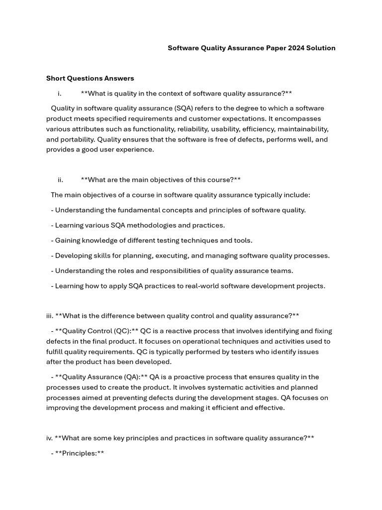 Software Quality Assurance Paper 2024 Solution | PDF