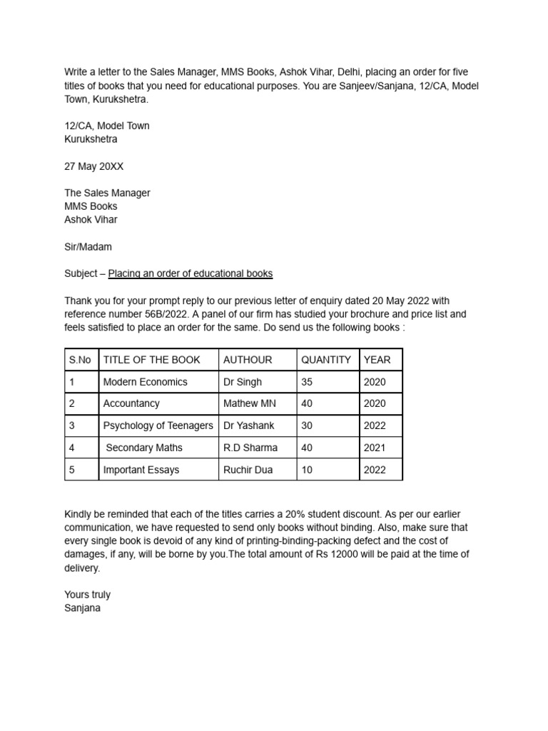 Letter - Placing An Order (Sample) | PDF