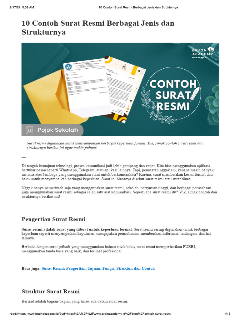 10 Contoh Surat Resmi Berbagai Jenis Dan Strukturnya | PDF
