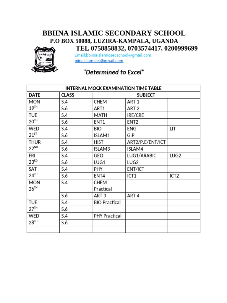 Internal Mock Examination Time Table | PDF