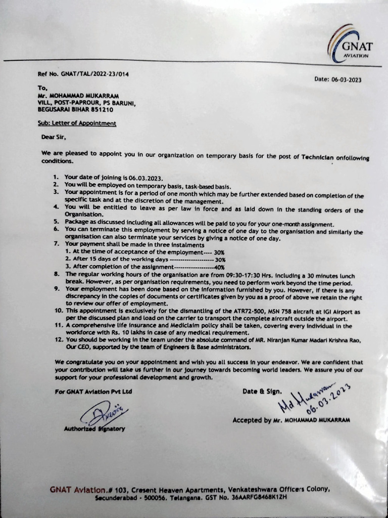 GNAT AVIATION Offer Letter | PDF
