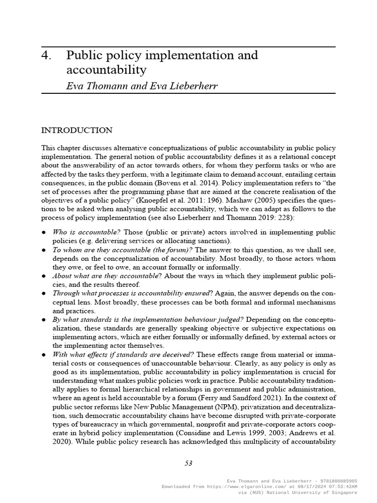 Public Policy Implementation and Accountability: Eva Thomann and Eva Lieberherr | PDF