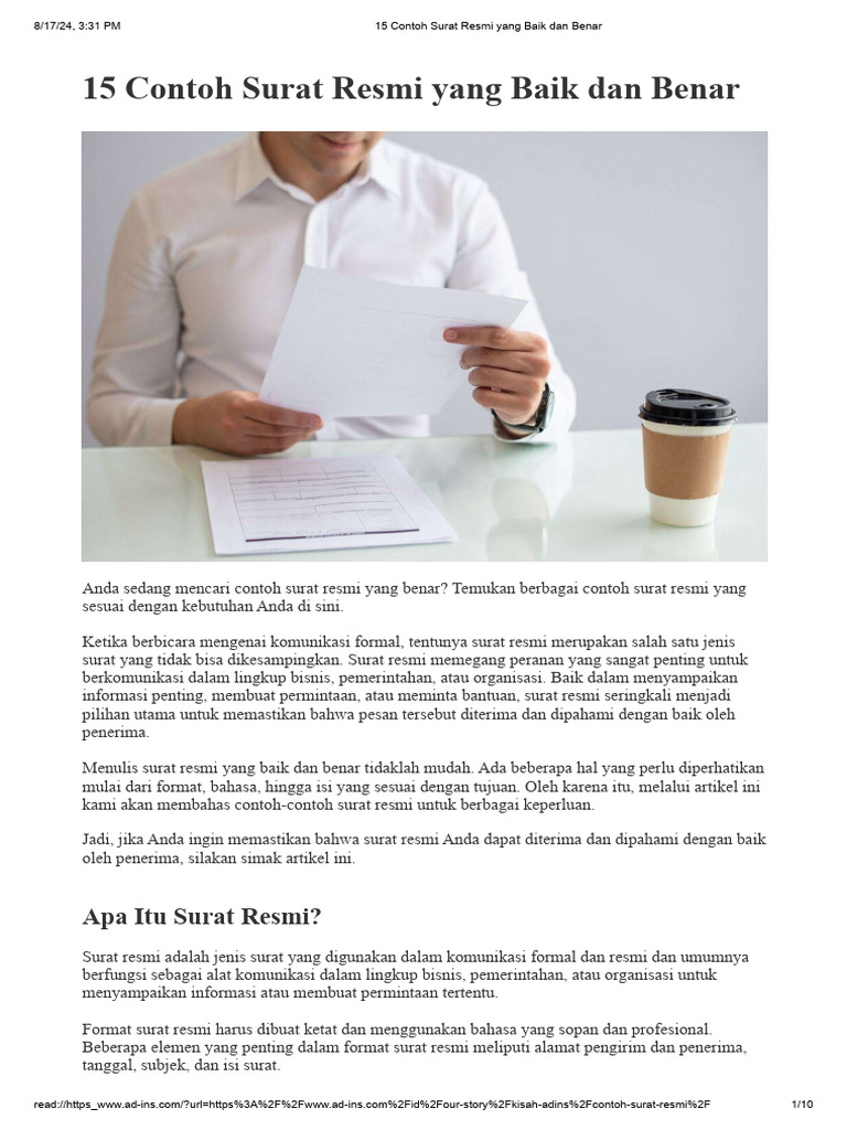 15 Contoh Surat Resmi Yang Baik Dan Benar | PDF
