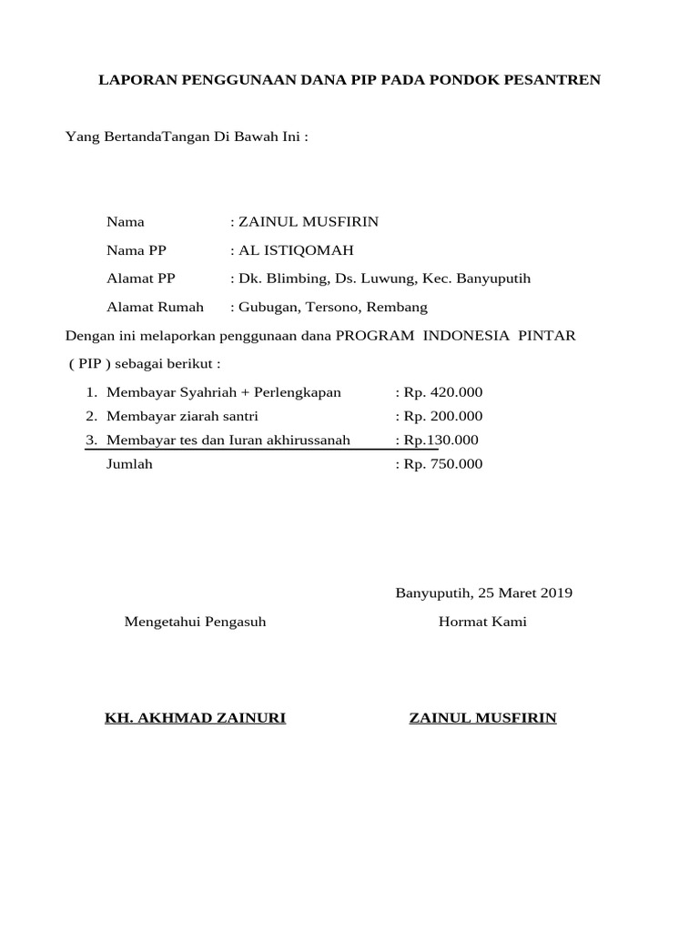 Laporan Penggunaan Dana Pip Pada Pondok Pesantren | PDF