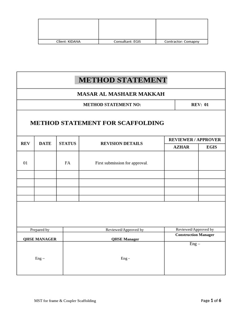 METHOD STATEMENT FOR SCAFFOLDING - Project - RO1 | PDF | Scaffolding | Safety