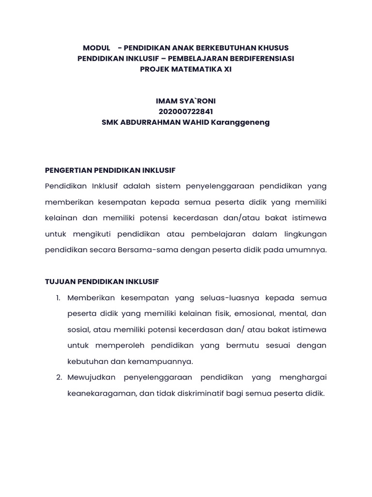 Pendidikan Inklusif - (202000722841-Imam Sya'Roni) | PDF