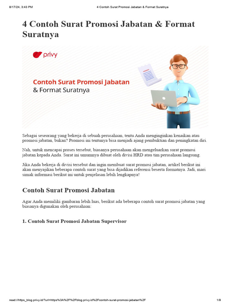 4 Contoh Surat Promosi Jabatan & Format Suratnya | PDF