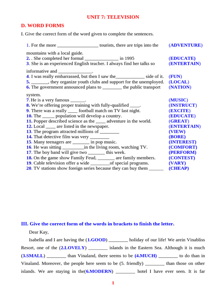 Bài Tập Anh 6 Theo Chuyên Đề 4. Word Form e6 (Unit 7-12) | PDF