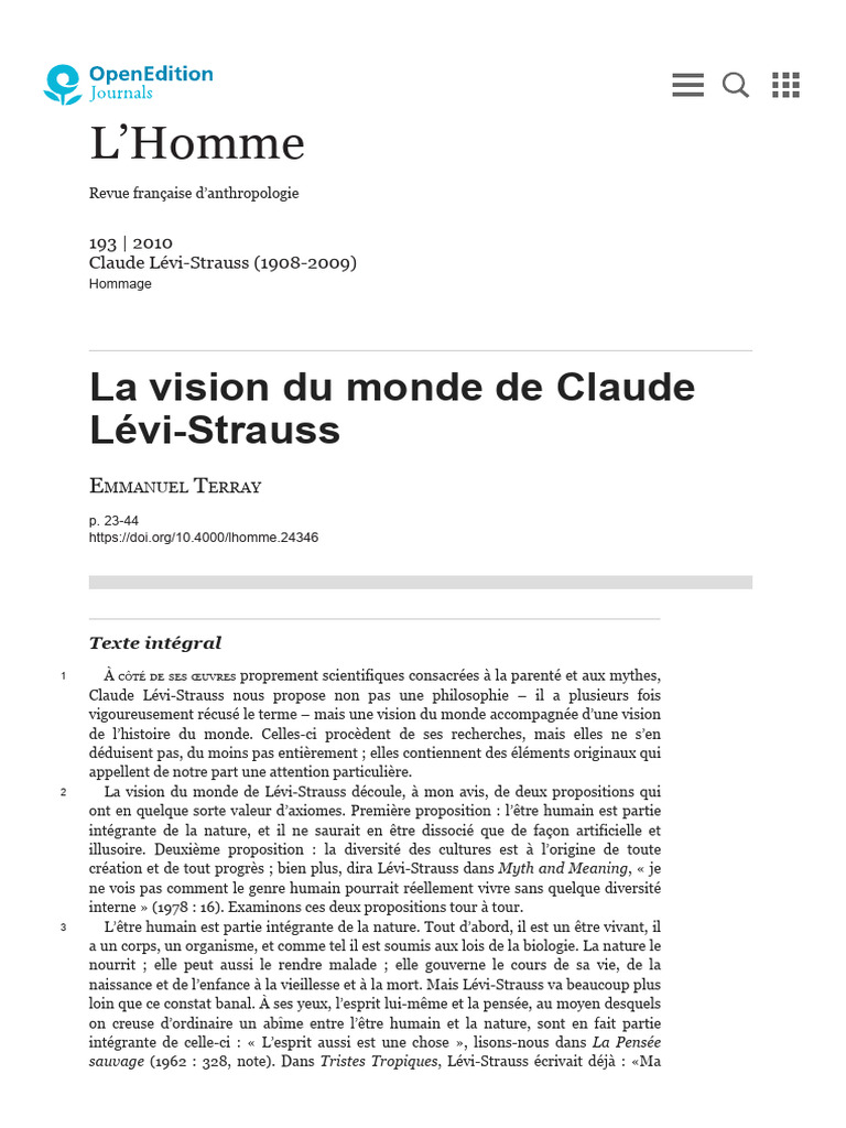 La Vision Du Monde de Claude Lévi-Strauss | PDF