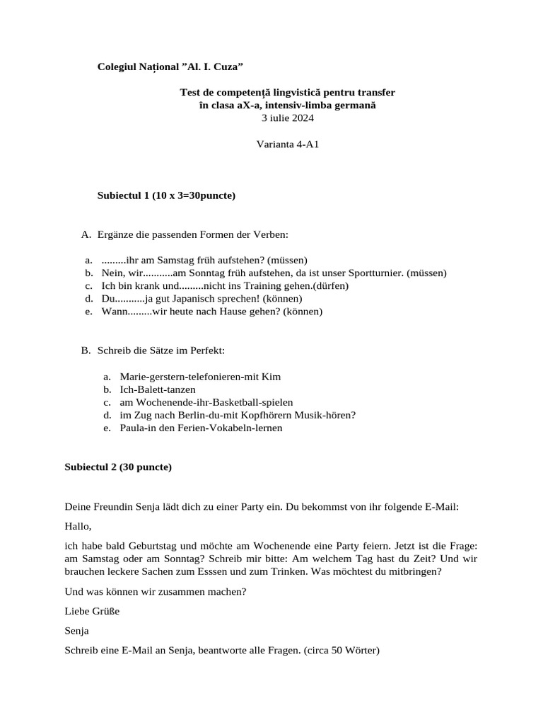 Test de Verificare A Competentelor LB Germana A1-4 | PDF
