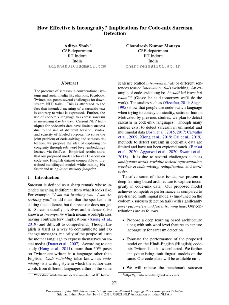 How Effective Is Incongruity Implications For Code-Mixed Sarcasm Detection | PDF