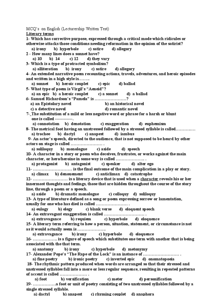 English Literature MCQs for Lecturership | PDF | Metre (Poetry) | Poetry
