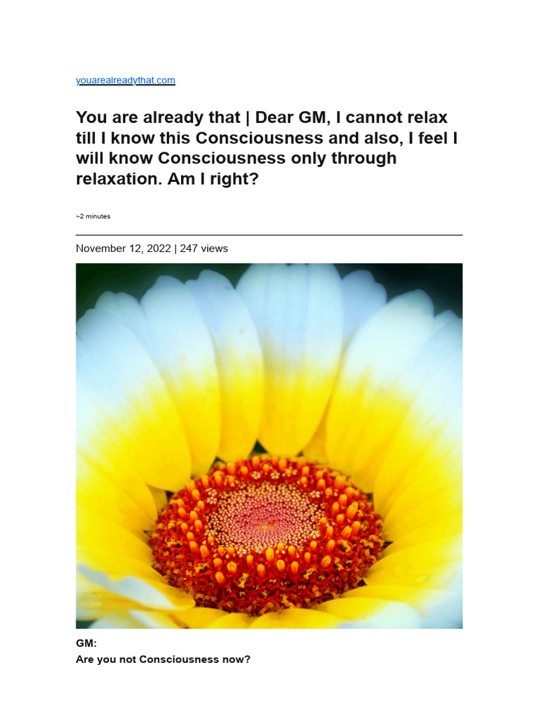 I Cannot Relax Till I Know This Consciousness | PDF