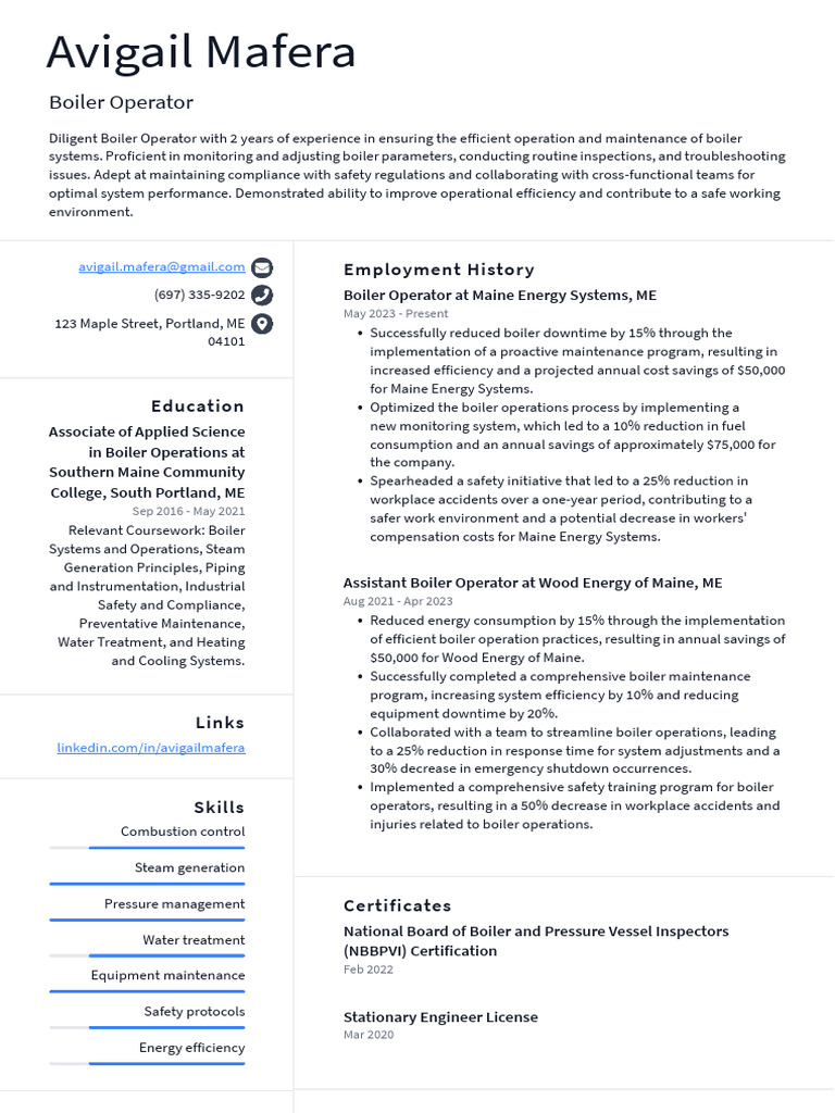 Boiler Operator Resume Example | PDF