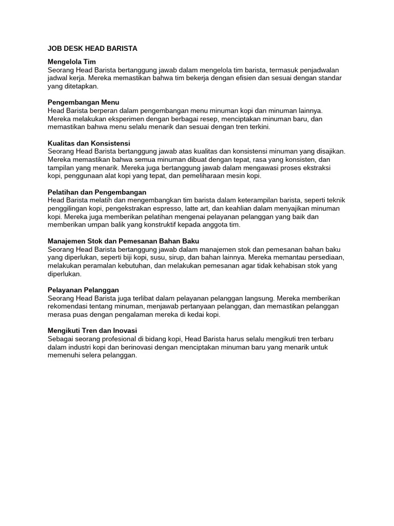 Head Barista Job Responsibilities | PDF | Cooking, Food & Wine