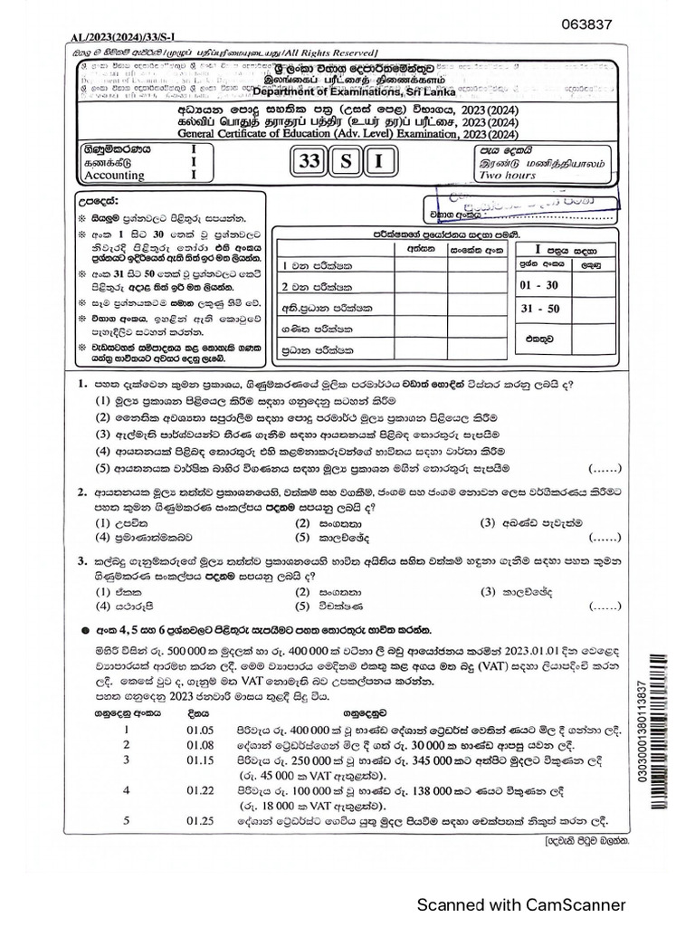 AL Accounting Marking Scheme Sinhala Medium | PDF