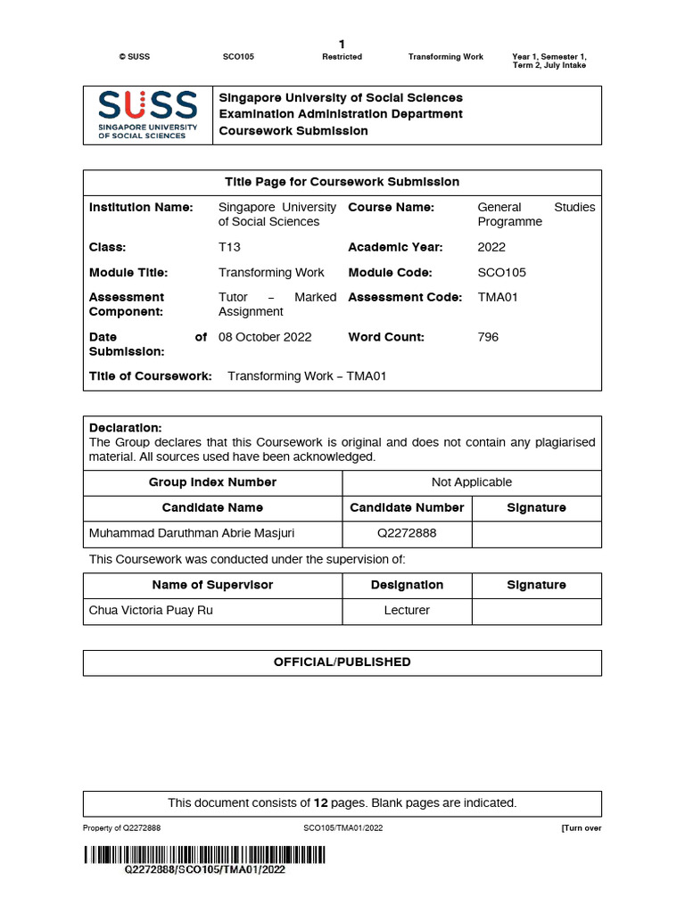 SCO105 TMA01: Transforming Work Analysis | PDF | Academic Dishonesty ...