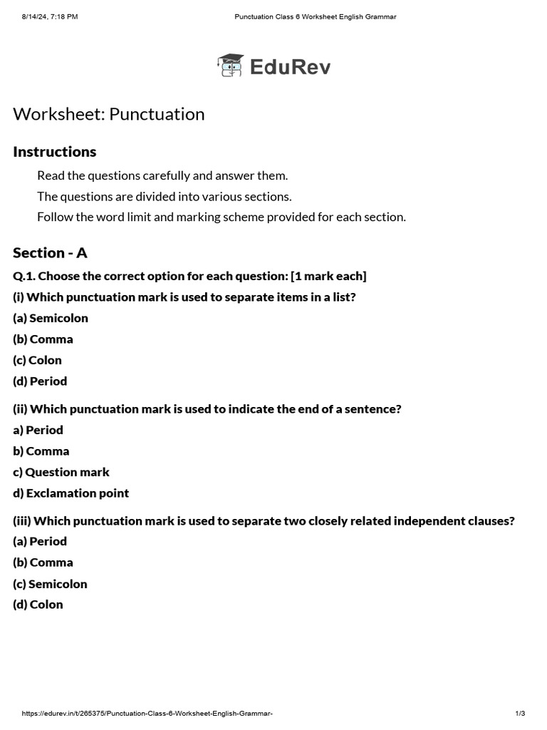 Punctuation Class 6 Worksheet English Grammar | PDF
