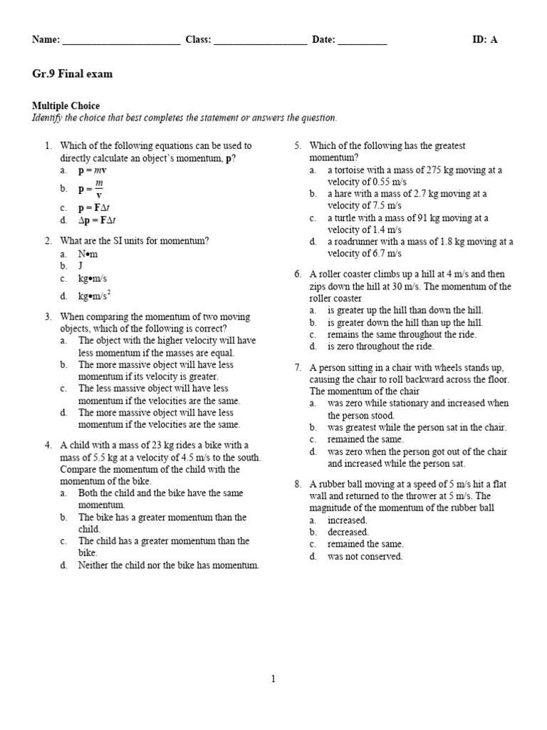 Grade 9 Physics Revision Work Sheet Test Questions | PDF | Collision ...