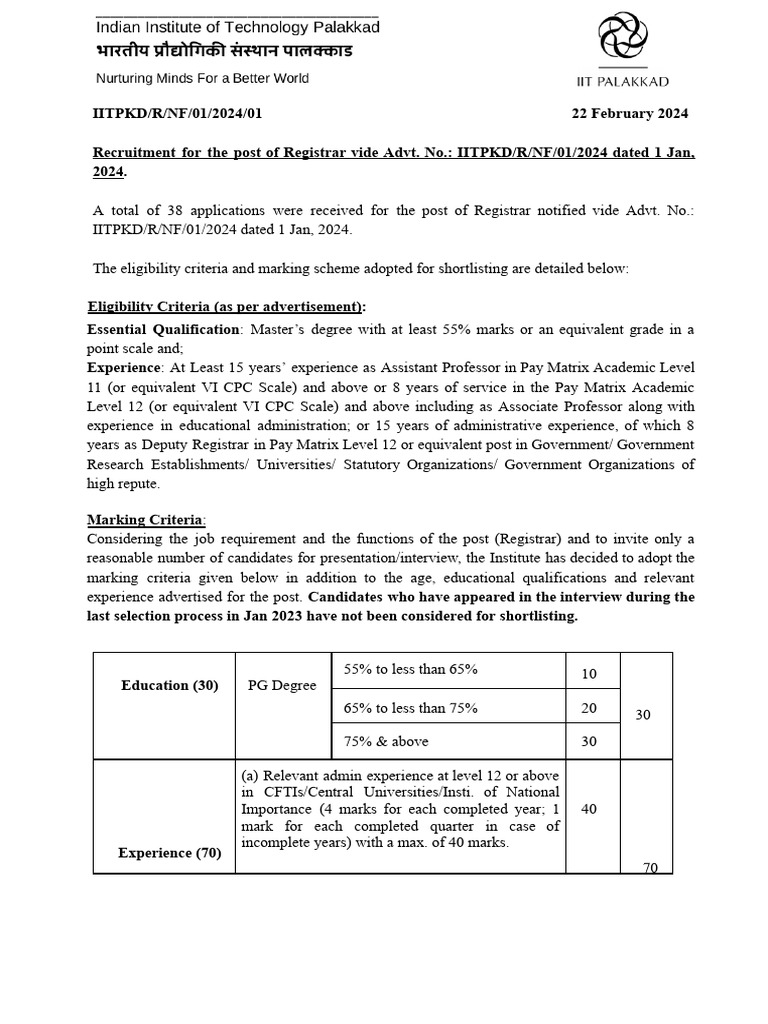 Short Listing Criteria For Registrar | PDF