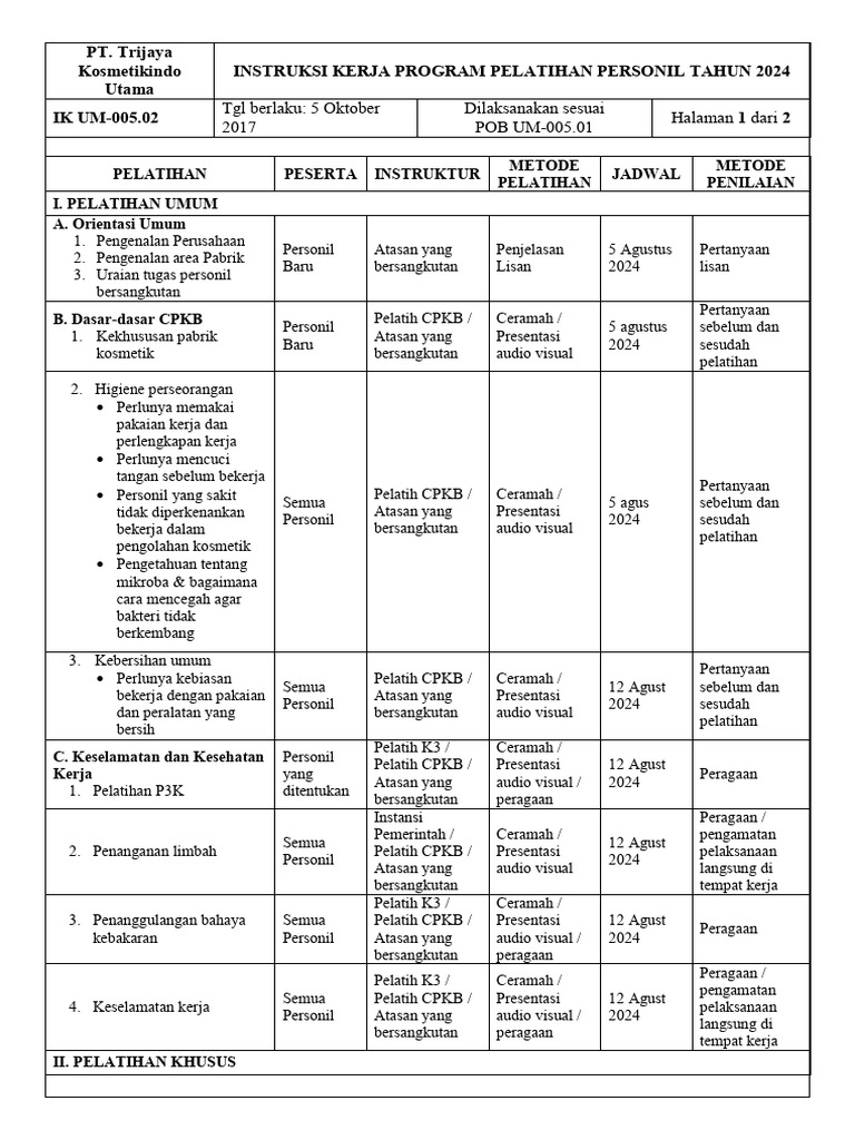 IK UM-005.02 Program Pelatihan Personil Tahun 2024 | PDF