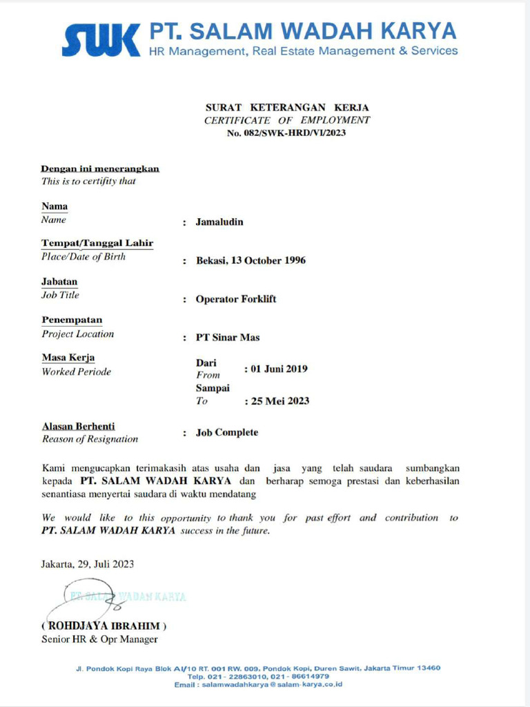 Paklaring PT SVK | PDF