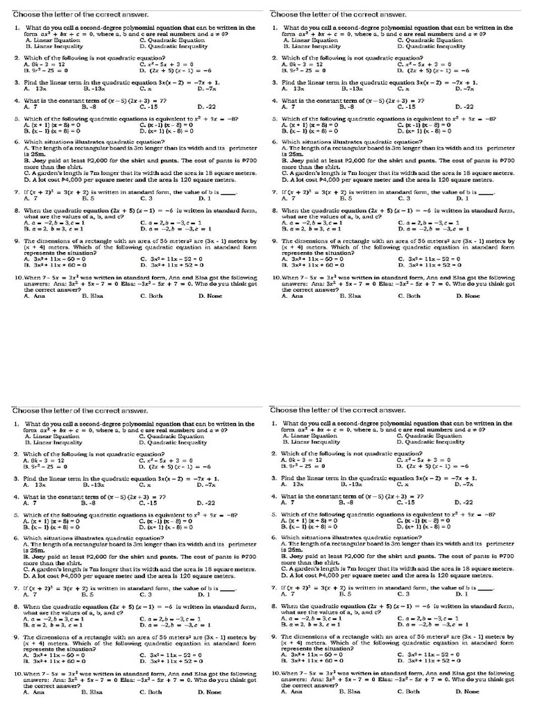 Illustrating Quadratic Equation Assessment | PDF
