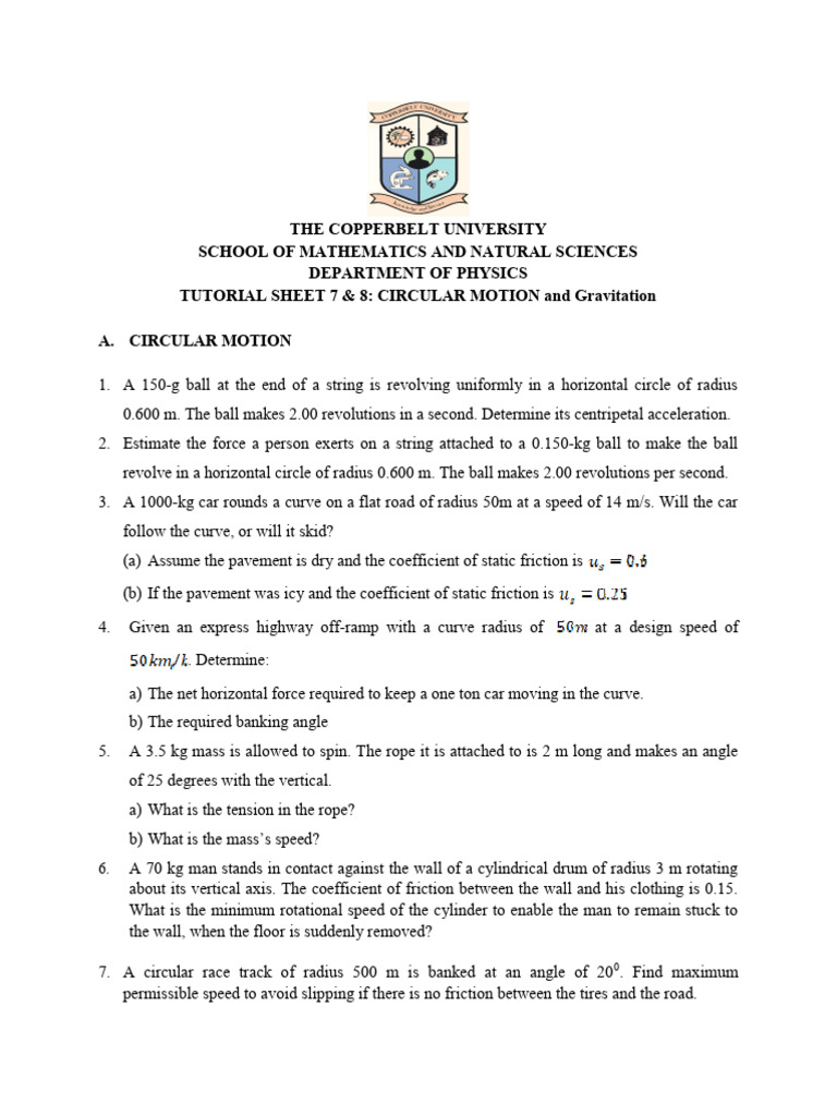 Tutorial Sheet 7 - 8 Circular and Gravitation | PDF