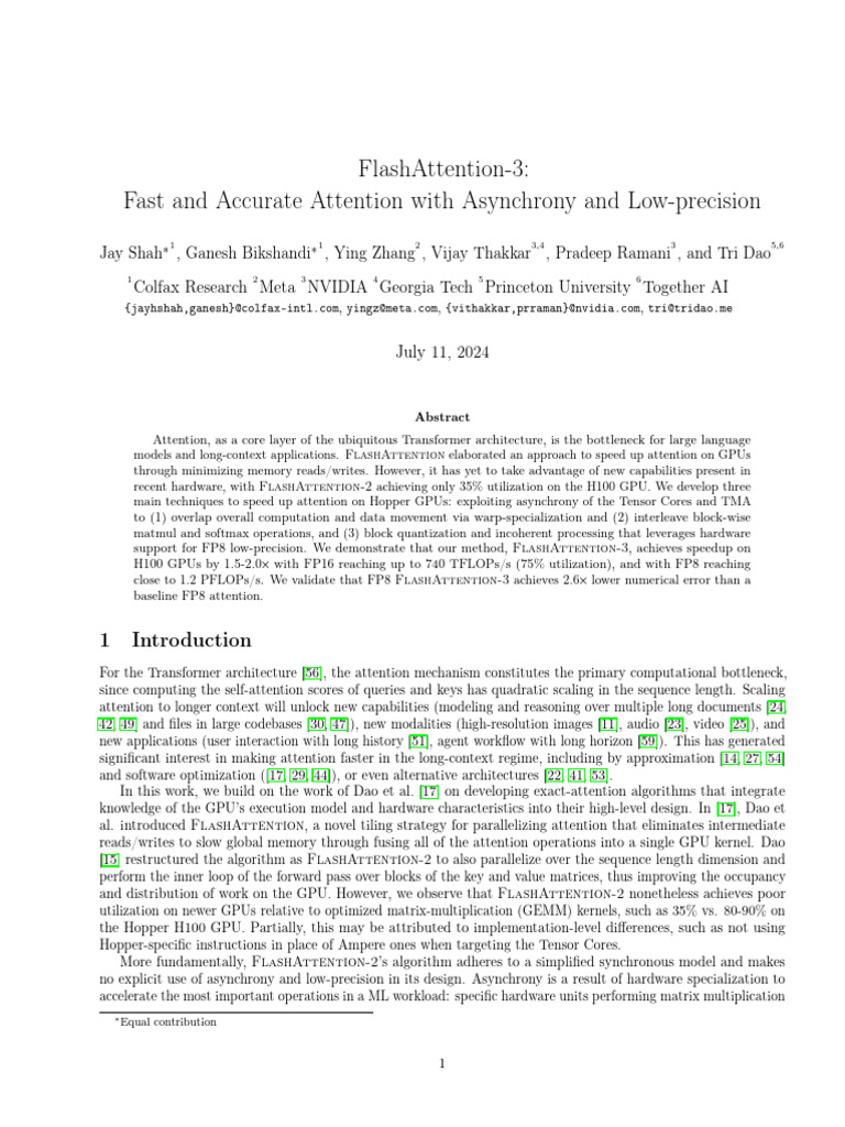 FlashAttention-3 - Fast and Accurate Attention With Asynchrony and Low-Precision | PDF