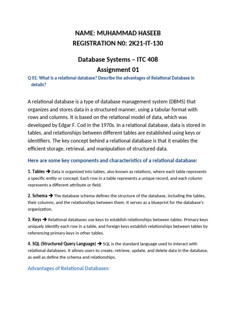 Name: Muhammad Haseeb REGISTRATION N0: 2K21-IT-130 Database Systems - ITC 408 Assignment 01 | PDF