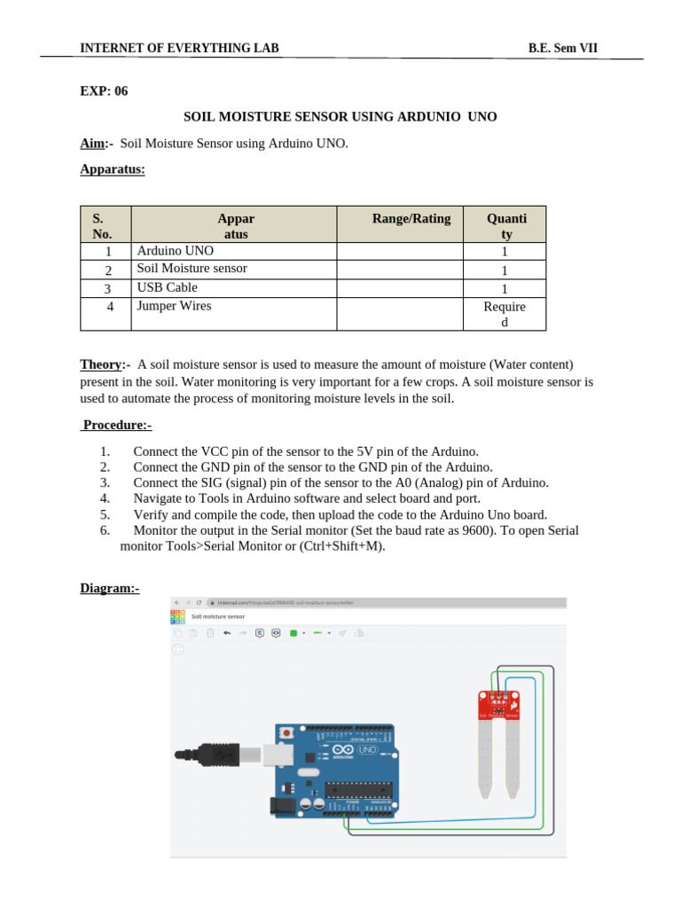 Ioe Exp 6 Soil Moisture Sensor Using Arduino | PDF | Home & Garden | Technology & Engineering