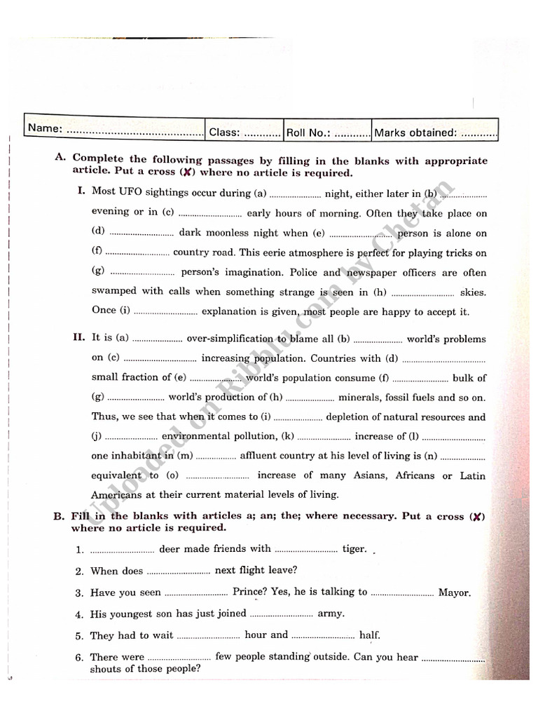 Articles Exercises For Cbse Class 8 English | PDF