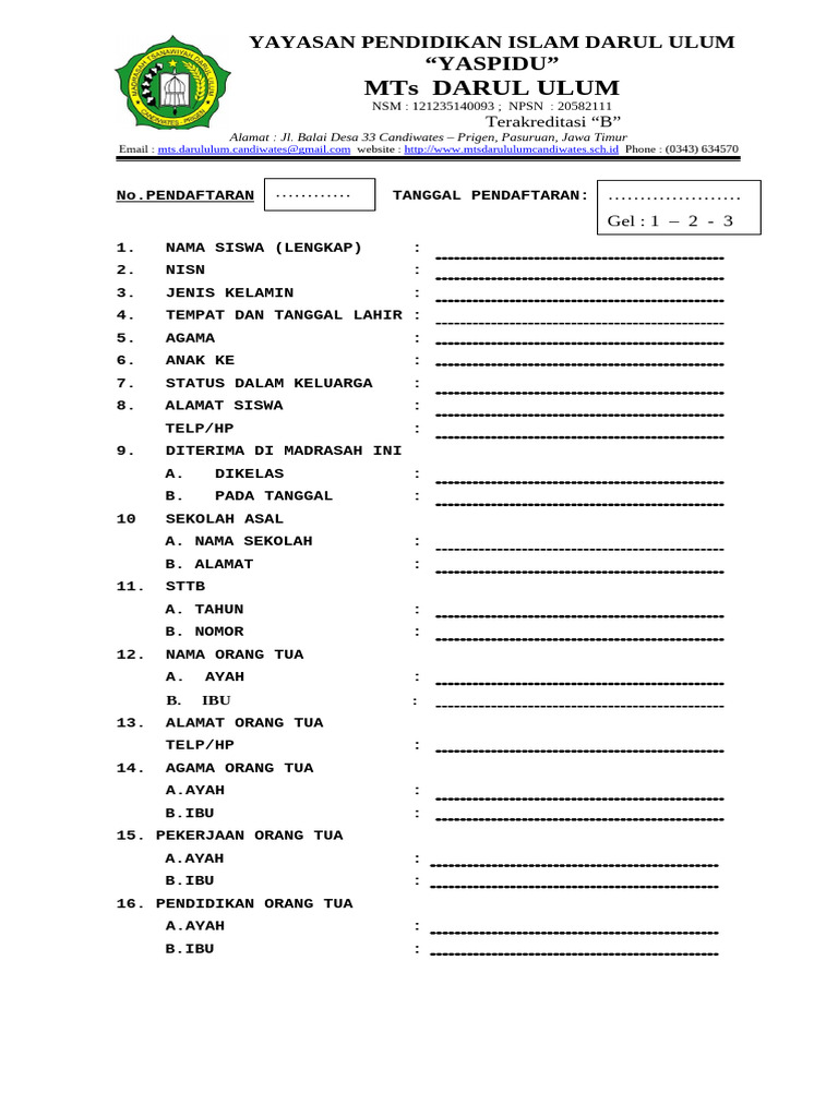 FORMULIR PSB - MTS-1 | PDF