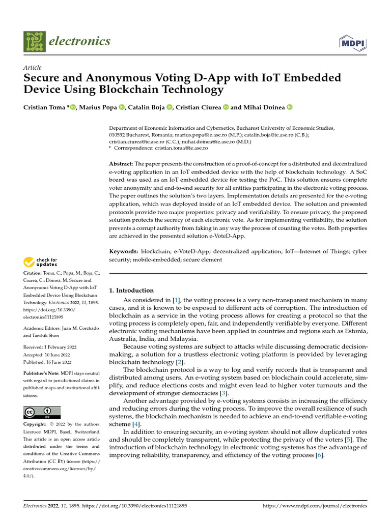 Secure And Anonymous Voting D App With Iot Embedded Device Using Blockchain Technology Pdf