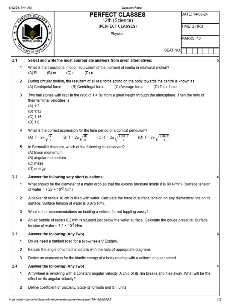 Physics chapter 1,2 question paper | PDF