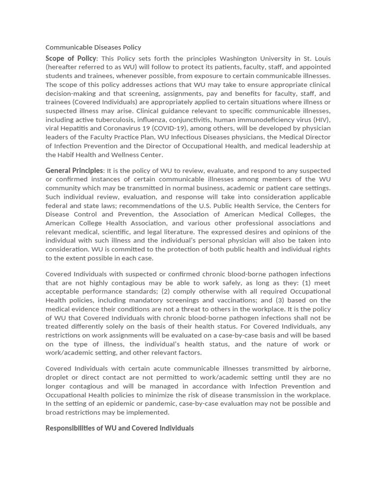Communicable Diseases Policy | PDF | Infection | Self-Improvement