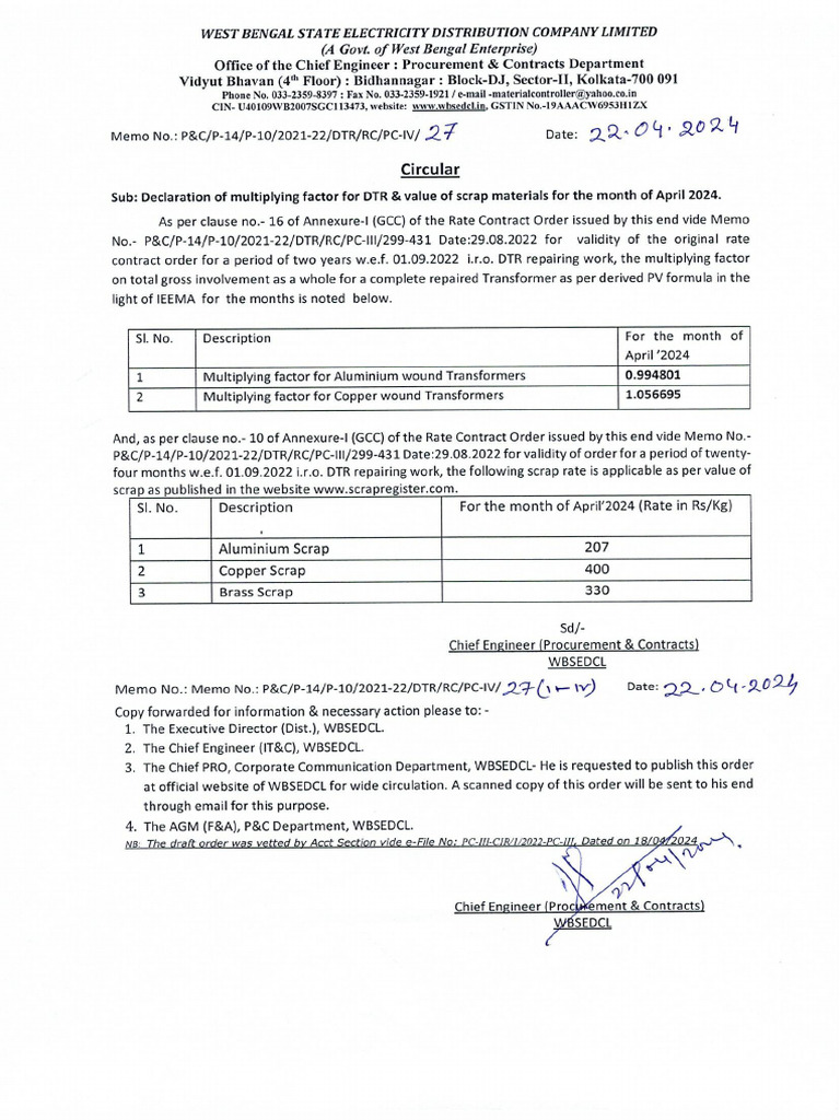 Declaration of Multiplying Factor For DTR & Value of Scrap Materials For The Month of April 2024 ...