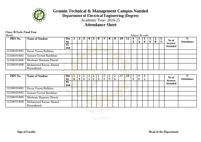 BTech Gramin Technical 2024 Students Attendance Sheet | PDF