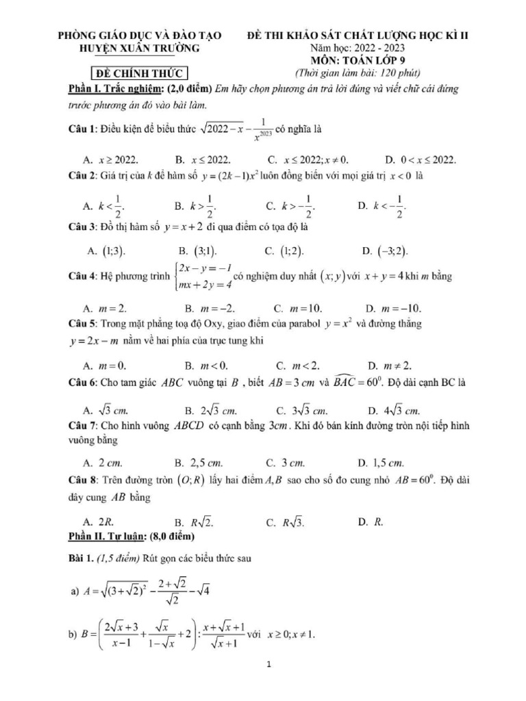 De Hoc Ki 2 Toan 9 Nam 2022 2023 Phong GDDT Xuan Truong Nam Dinh | PDF