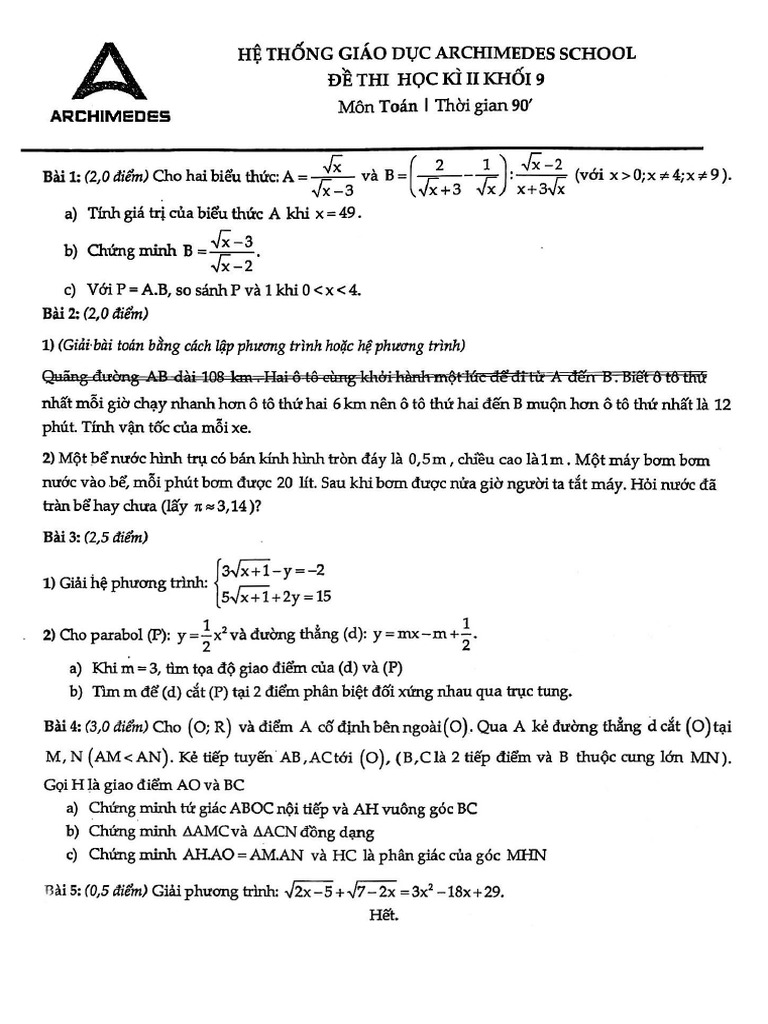 De Hoc Ki 2 Toan 9 Nam 2021 2022 He Thong Giao Duc Archimedes School Ha Noi | PDF