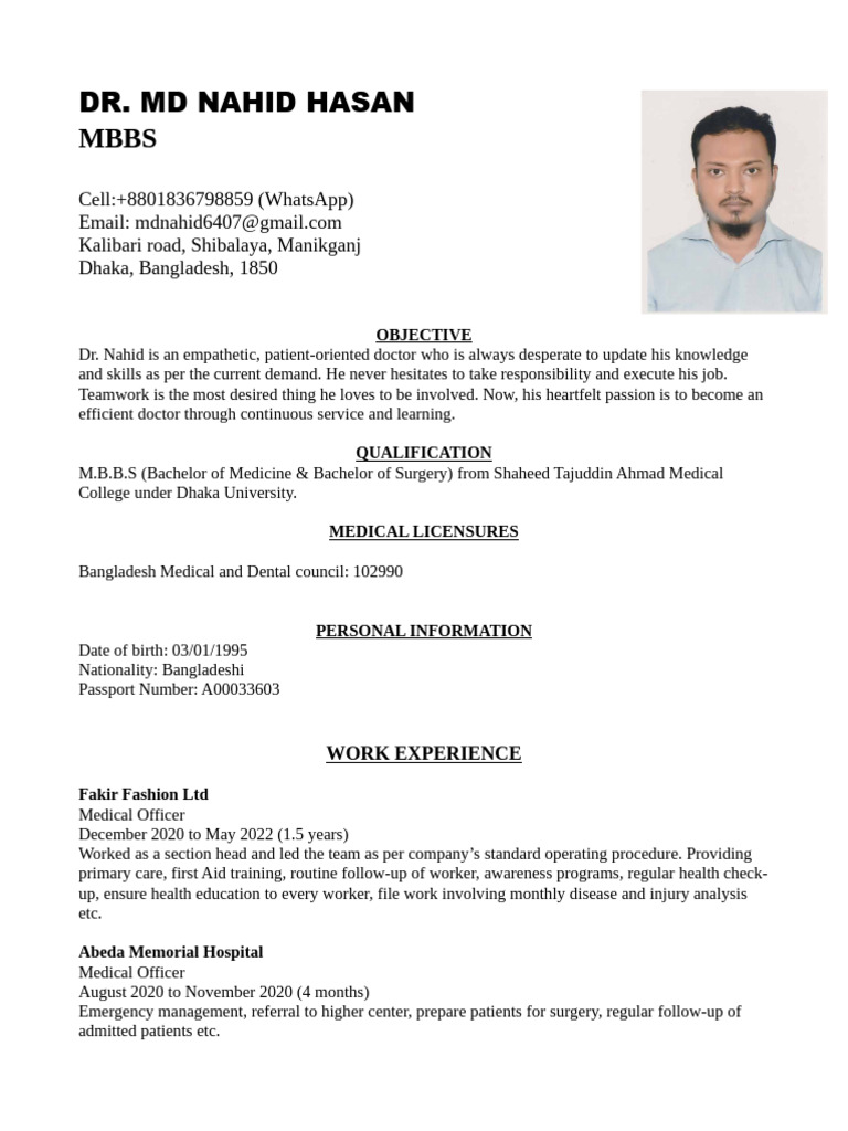 Resume of DR Nahid | PDF