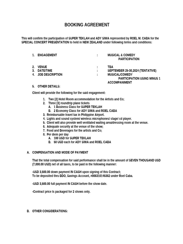 Booking Agreement.1 | PDF