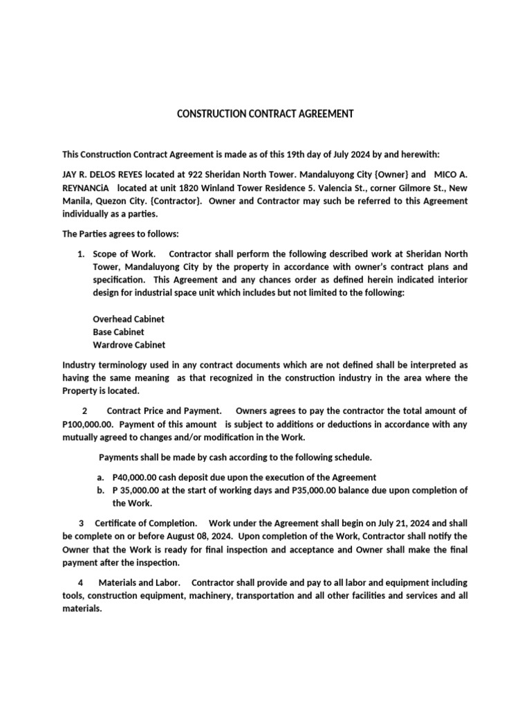 Construction Contract Agreement | PDF