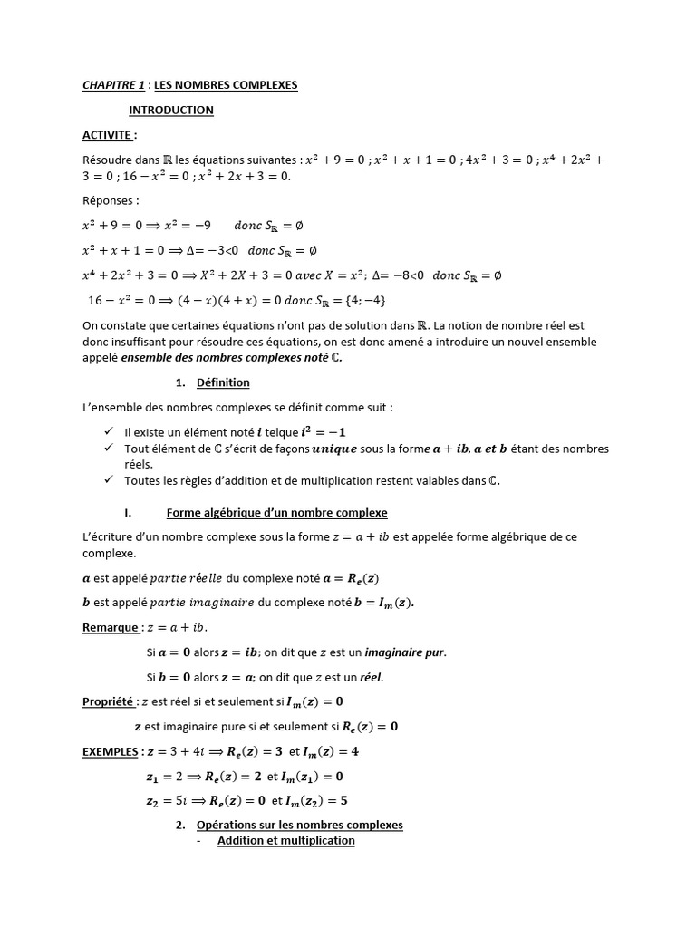 CHAPITRE 1 (Nombres Complexes) | PDF | Nombre complexe | Analyse complexe
