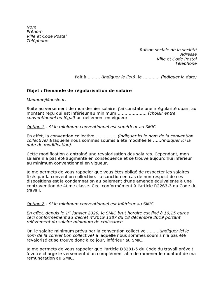 Modèle de Lettre Demande Régularisation Salaire | PDF