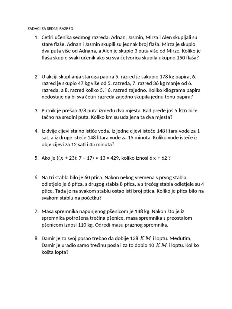 Zadaci Za Sedmi Razred | PDF