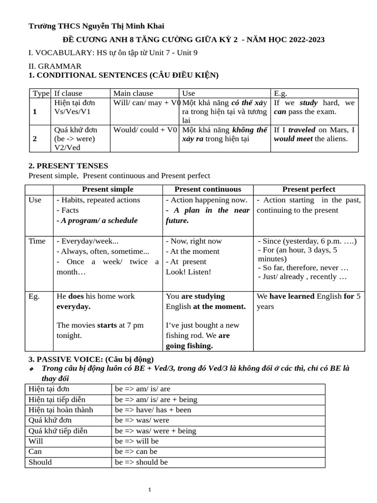 Đề cương Anh 8 TC gk2 | PDF