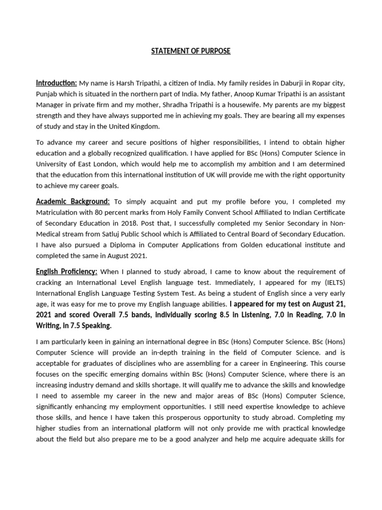 SOP - Harsh Tripathi - UEL - BSC (Hons) Computer Science - Fall 22 ... SOP - Harsh Tripathi - UEL - BSC (Hons) Computer Science - Fall 22 ...