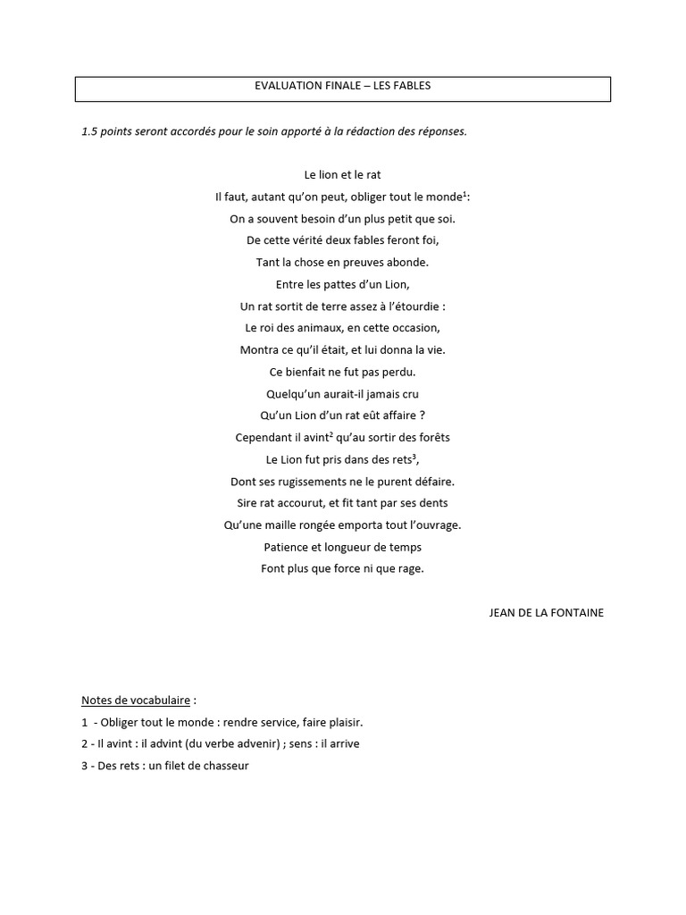 Evaluation Finale - Les Fables | PDF